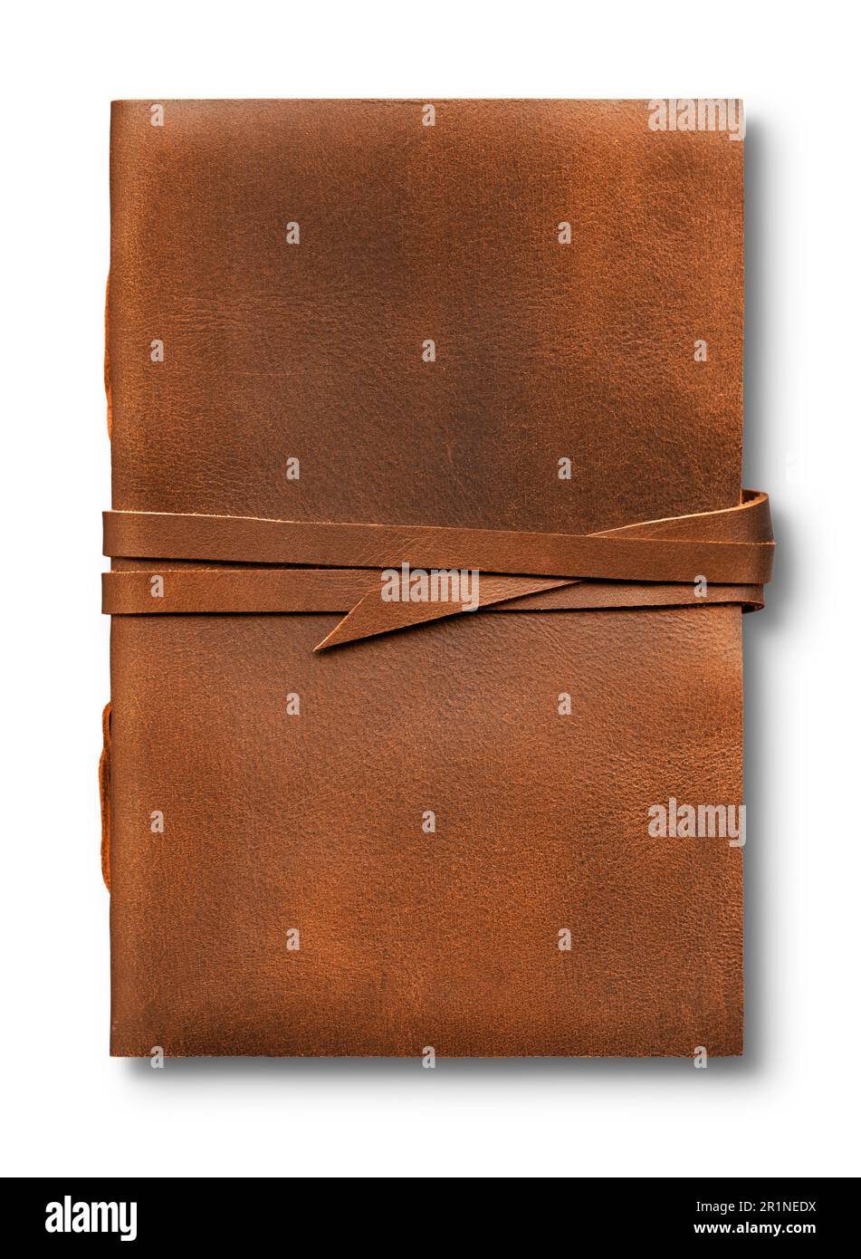 Old worn brown leather notebook isolated on white background, closed ...