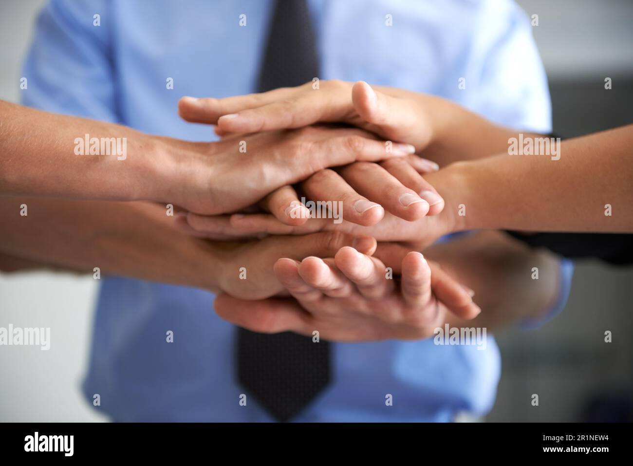 Teamwork, closeup and hands stack of people in motivation, support and ...
