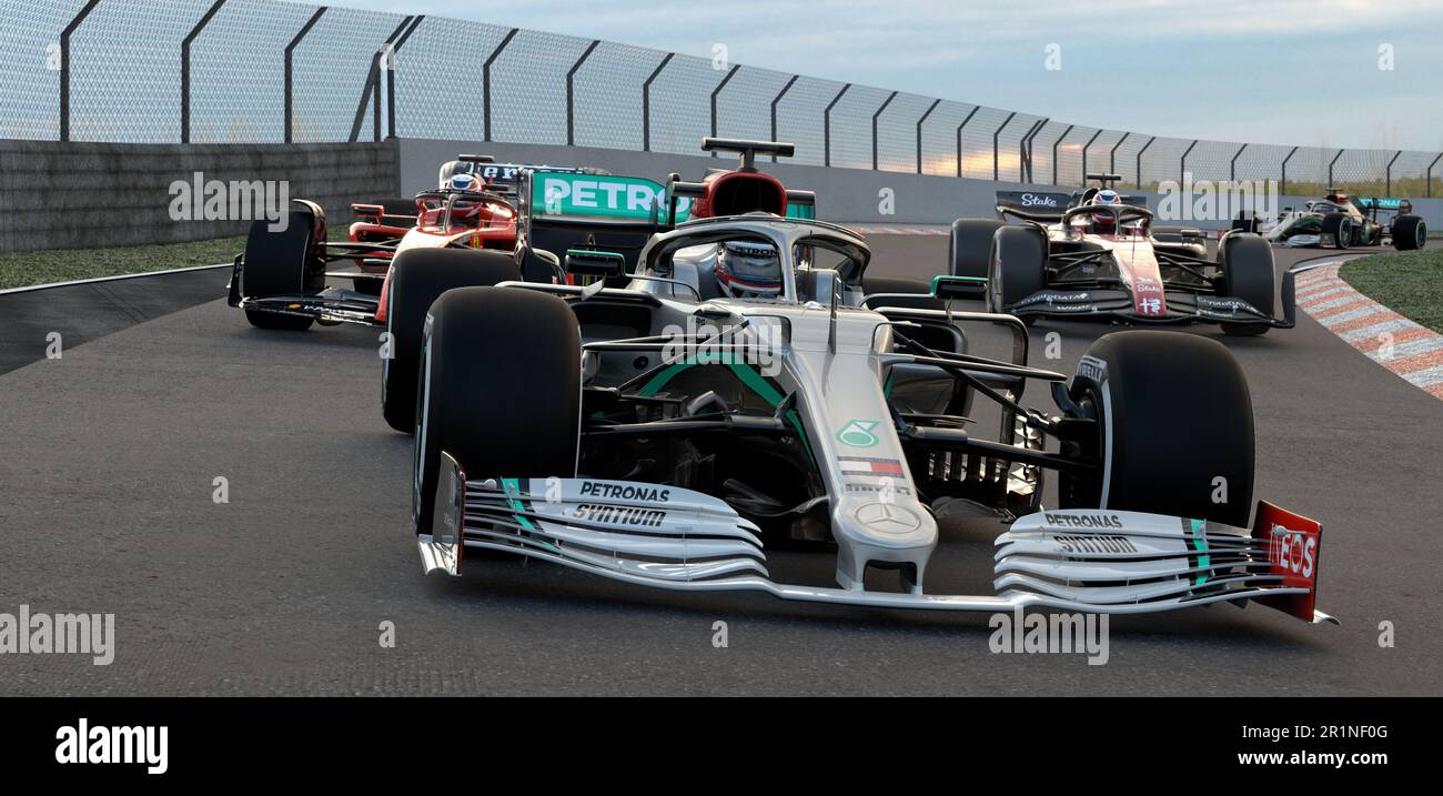 Formula 1 Grand Prix.Ferrari cars,Alfa Romeo chasing Mercedes car Stock ...