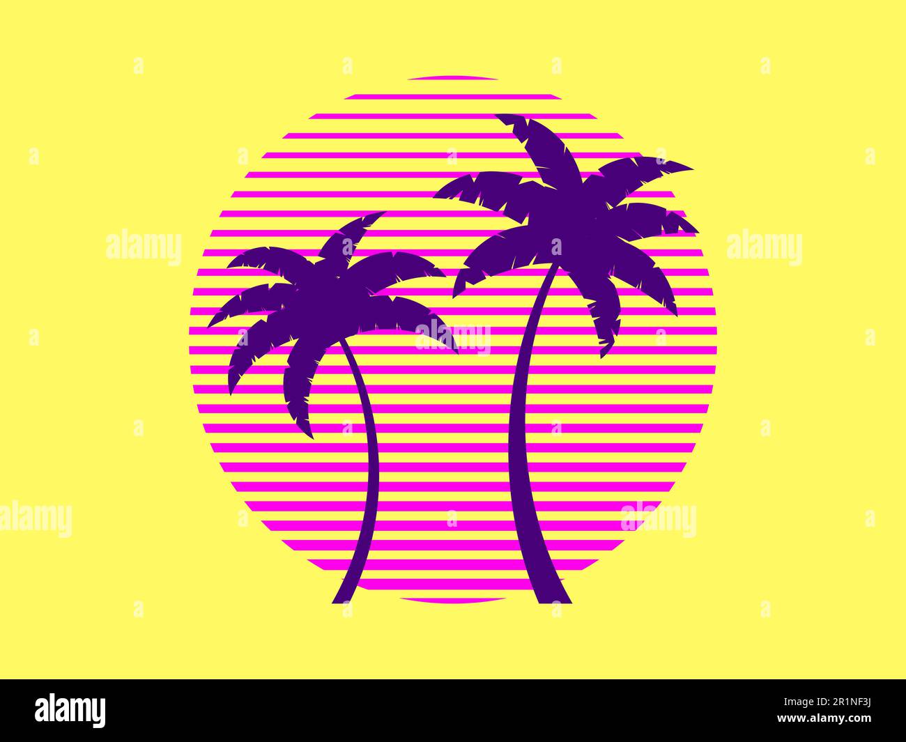 Silhouette of two palm trees against the sunset in the style of the 80s ...