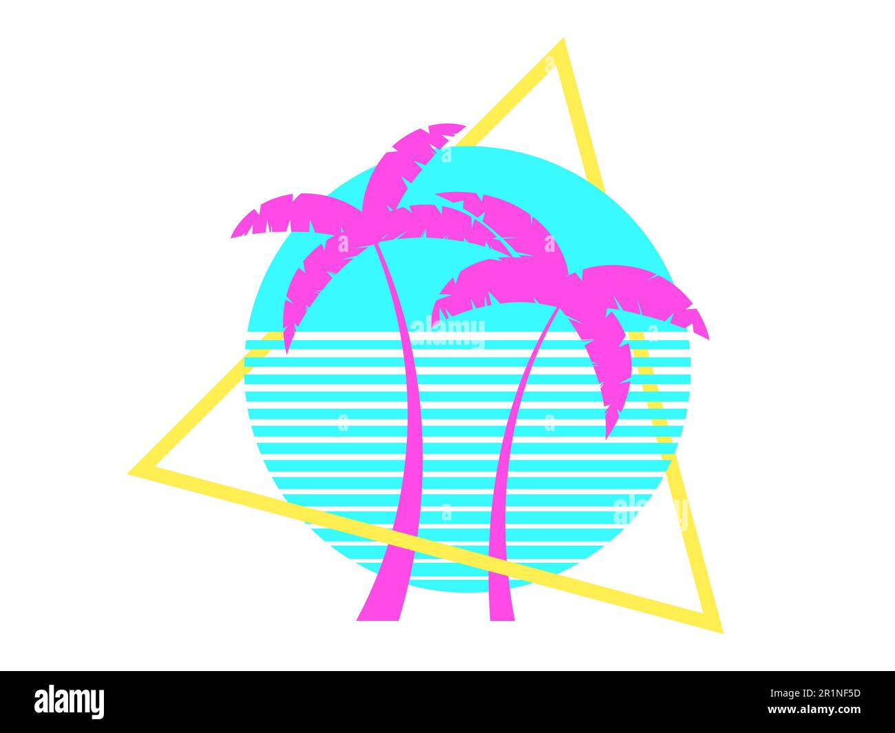 Palm trees at sunset in the style of the 80s in a triangular frame ...