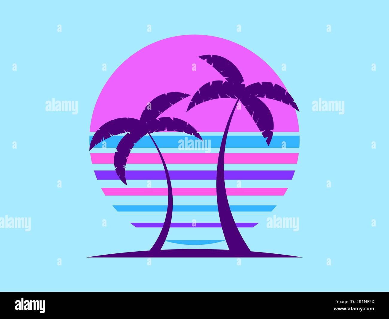 Two palm trees against the backdrop of the 80s retro sun isolated on a ...