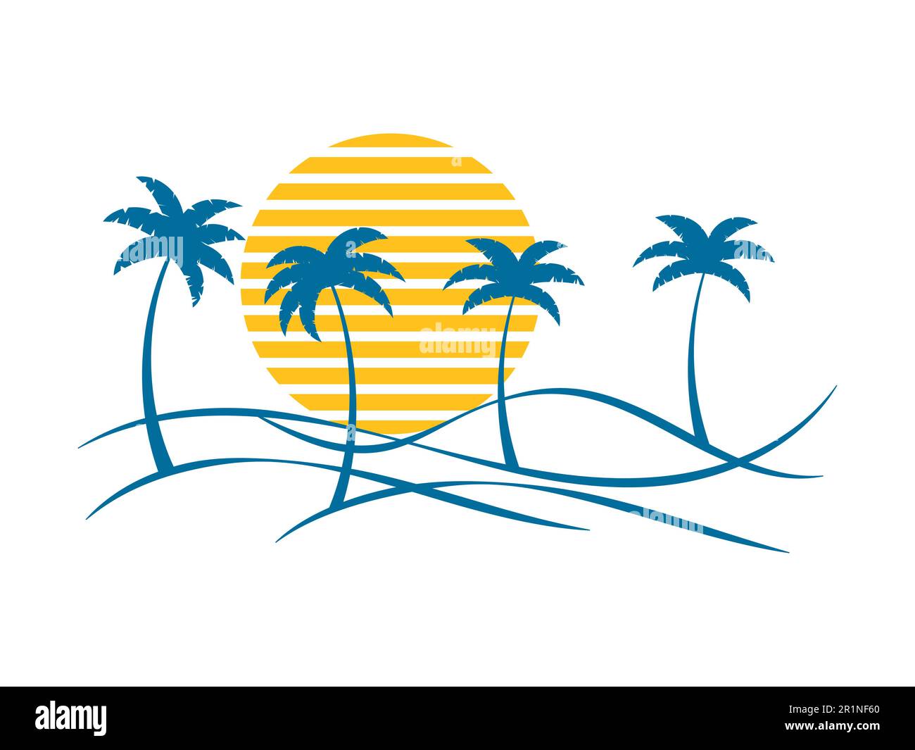 Line art landscape with palm trees and sun 80s style on white ...
