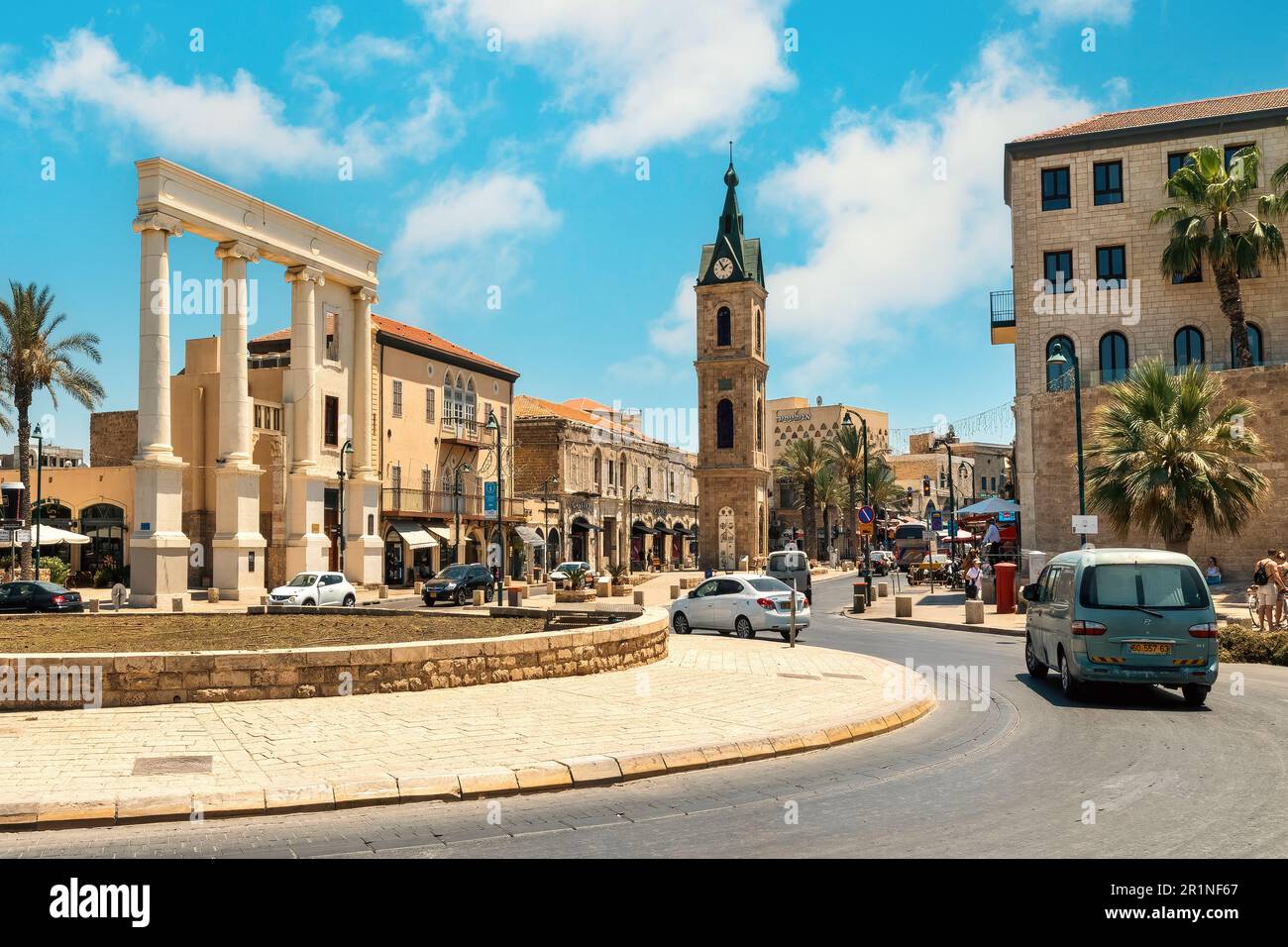 Historic tower clock in the middle of the town square in old Jaffa - an ...