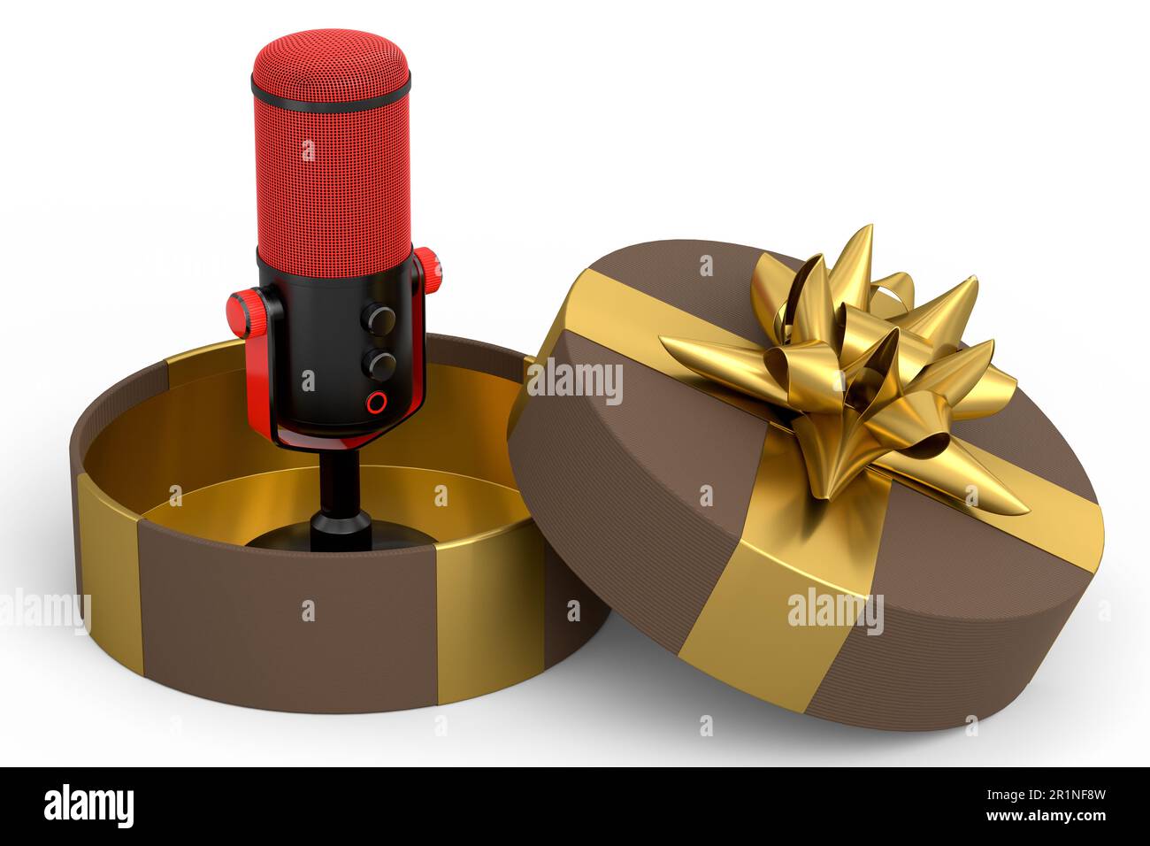 Gift boxes with microphone, ribbon and bow isolated on white background ...