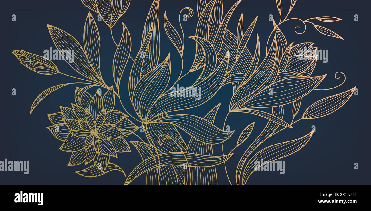 Vector art deco luxury flower line pattern, golden line background ...
