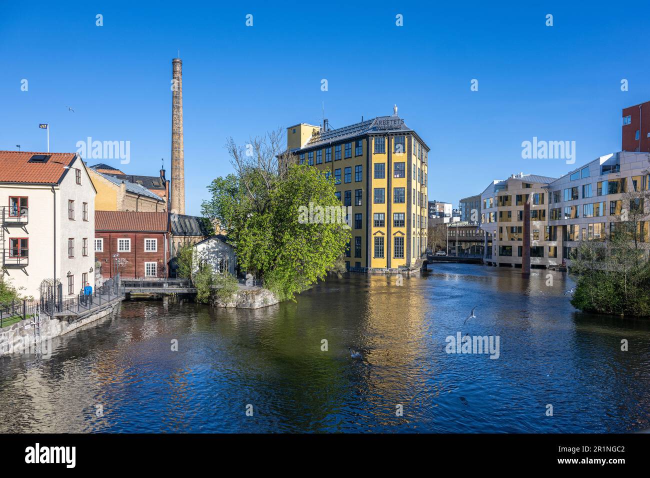 Motala river and the iconic Flatiron building in the old industrial ...
