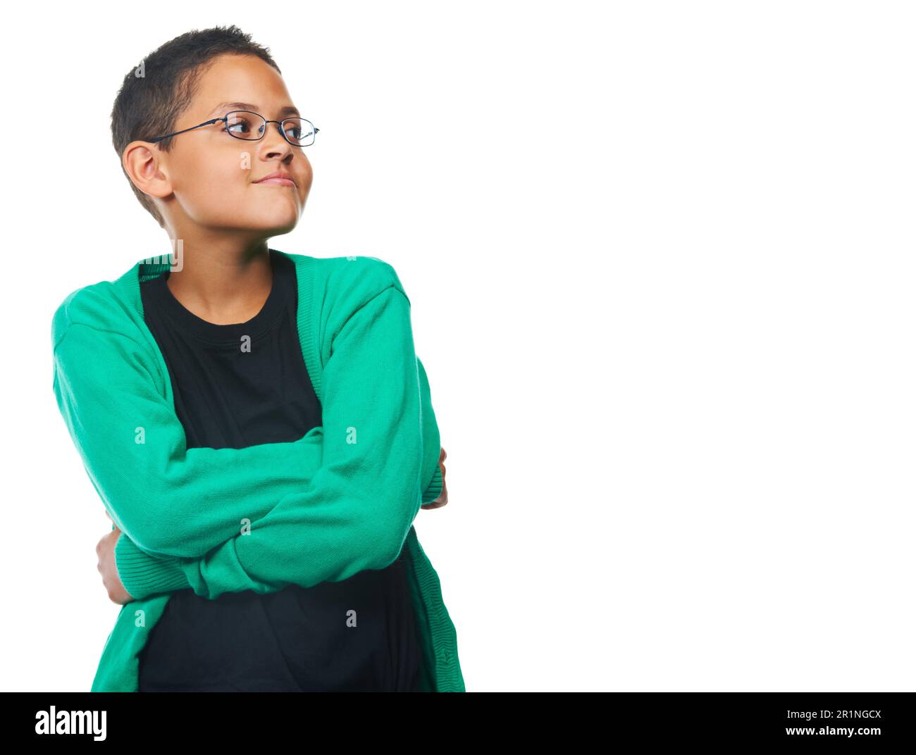 Space, arms crossed and casual with child in studio for thinking ...