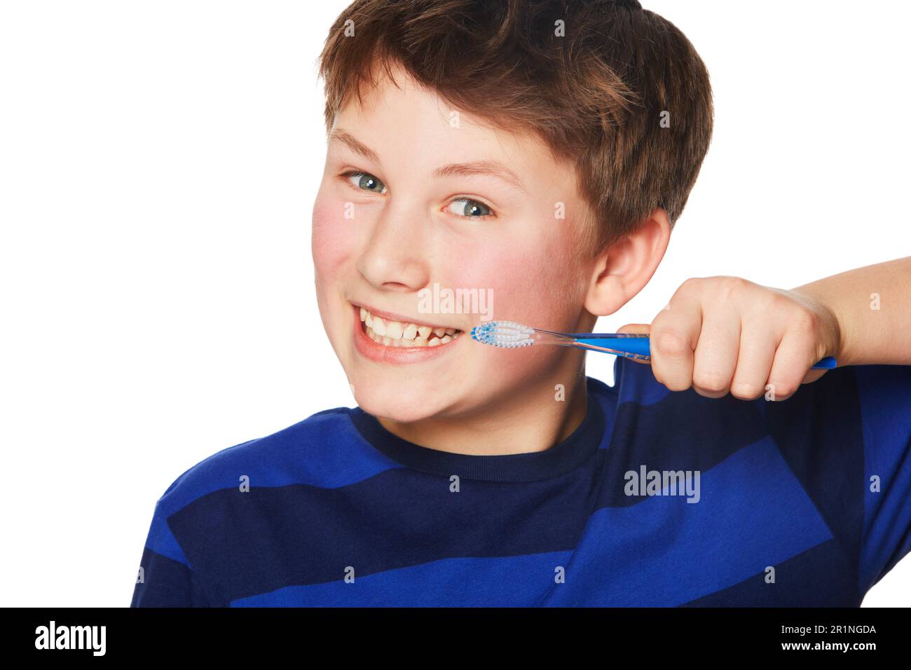 Portrait, smile and kid brushing teeth in studio isolated on a white ...
