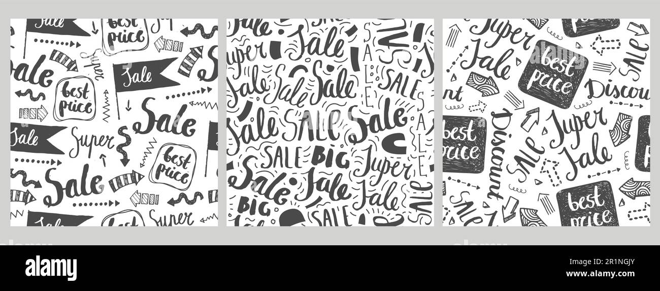 Vector set of seamless sale patterns. Hand drawn discount lettering ...