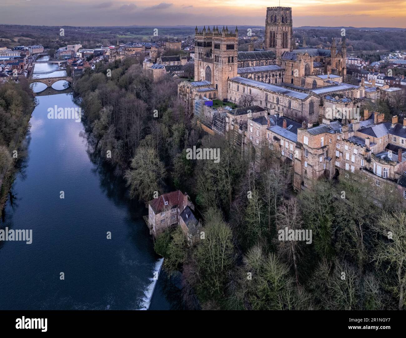 Drone shot of Durham Cathedral and River Wear on a winter morning Stock ...