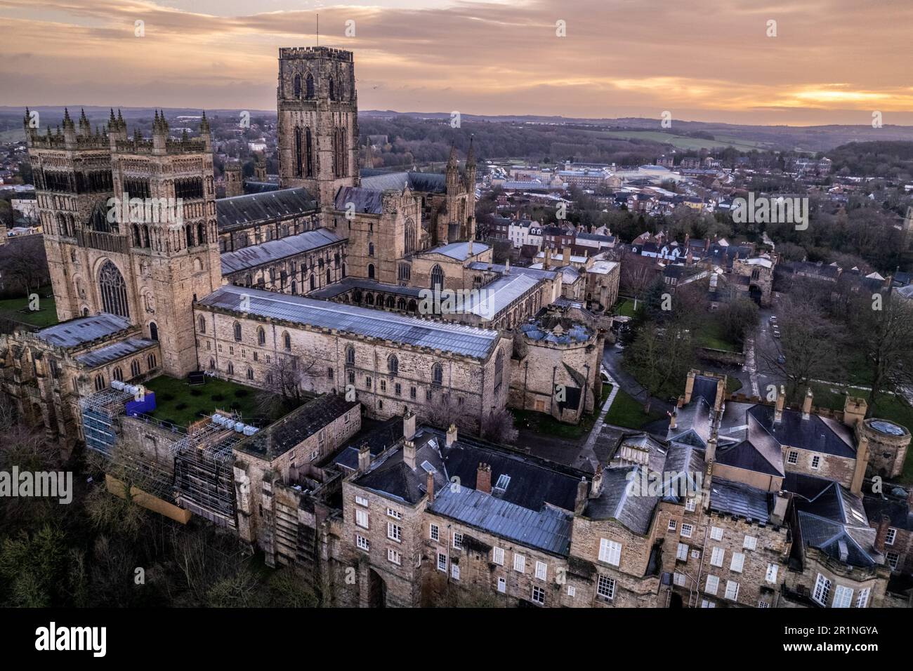 Drone image of Durham Cathedral on an overcast winter dawn Stock Photo ...