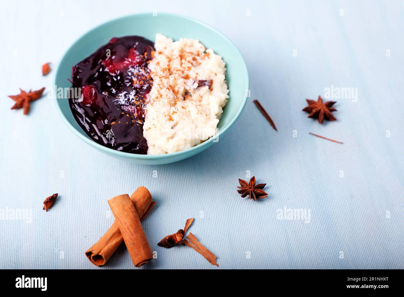 A typical Peruvian dessert with rice pudding and purple mazamorra Stock ...