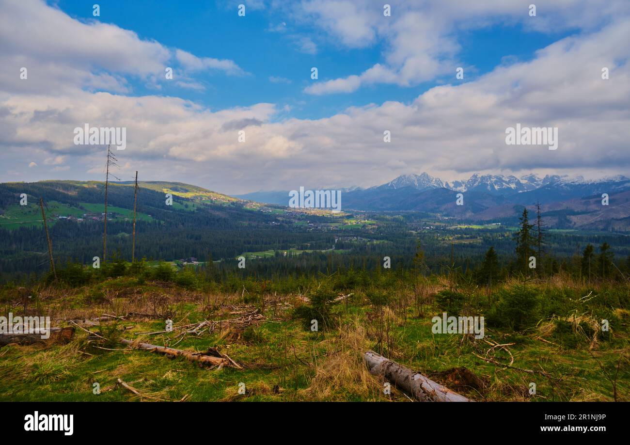 Panorama of snowy Tatra mountains in spring, south Poland rural village ...