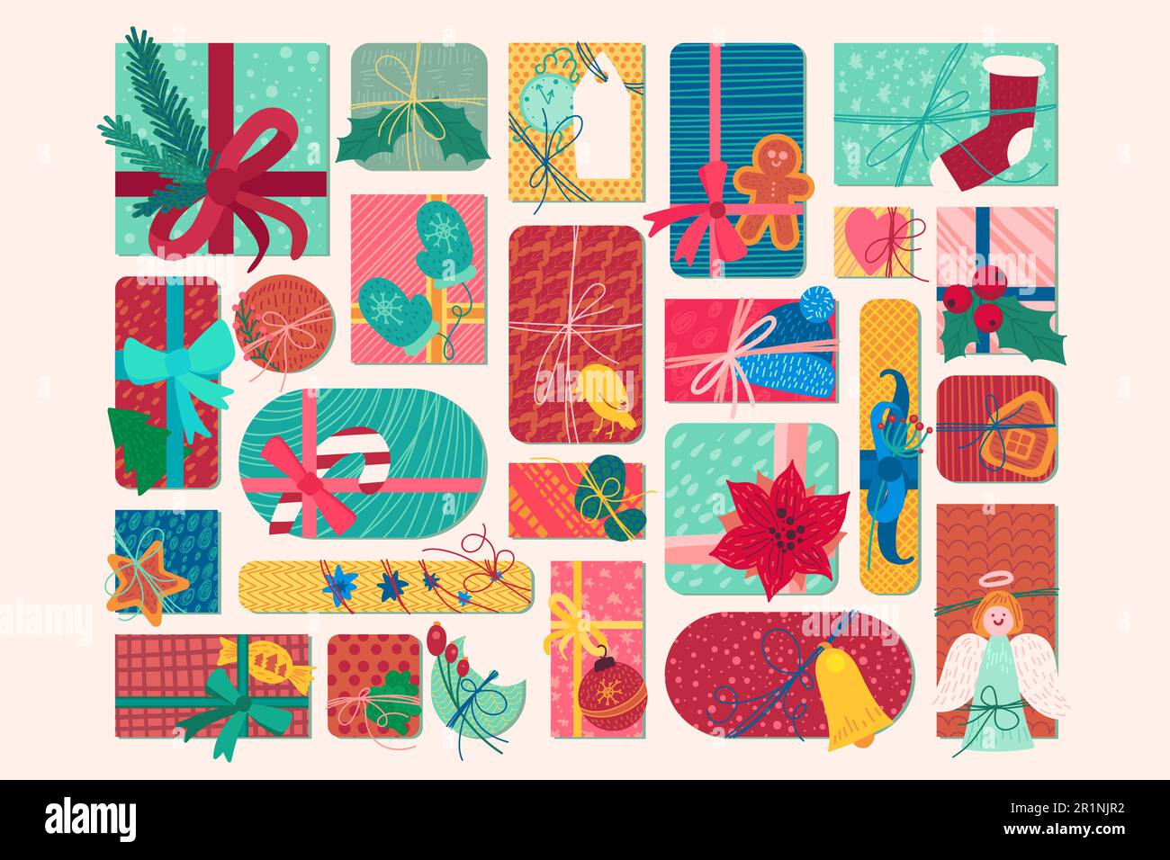 Bright new year present boxes flat vector illustration. Christmas gifts ...