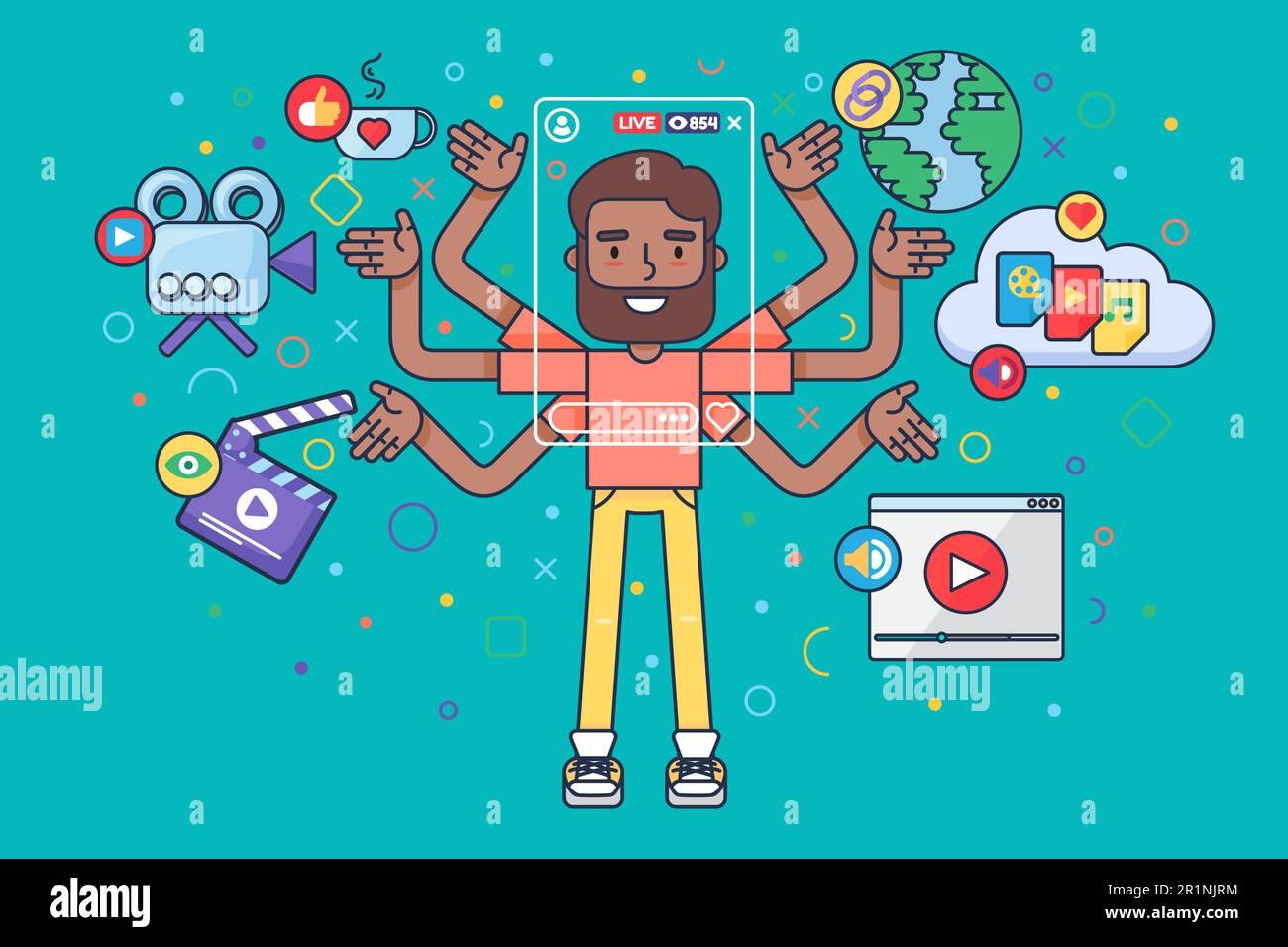 Arabian male vlogger lifestyle semi flat concept illustration. Social ...