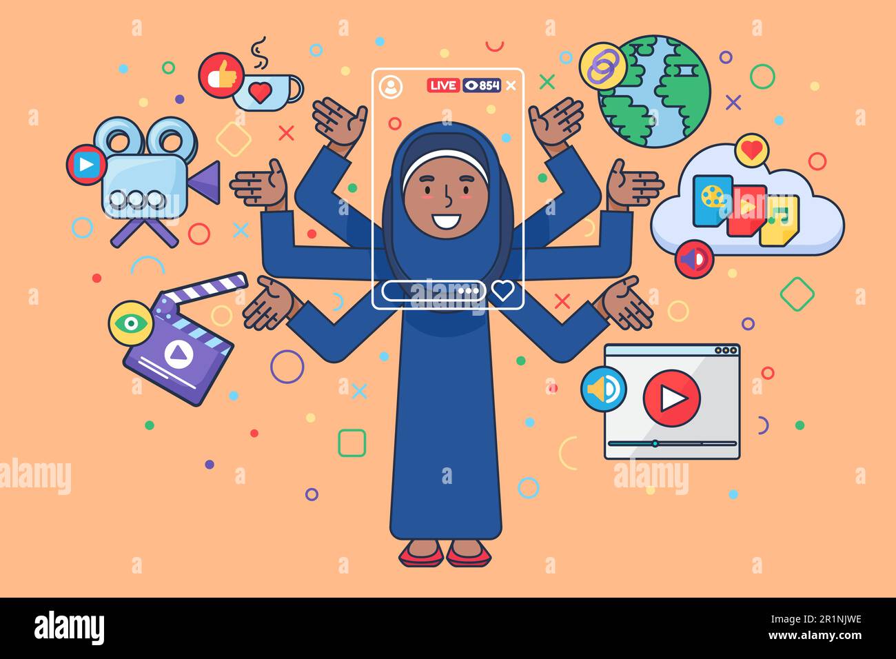 Female blogger lifestyle semi flat concept illustration. Arabic girl ...