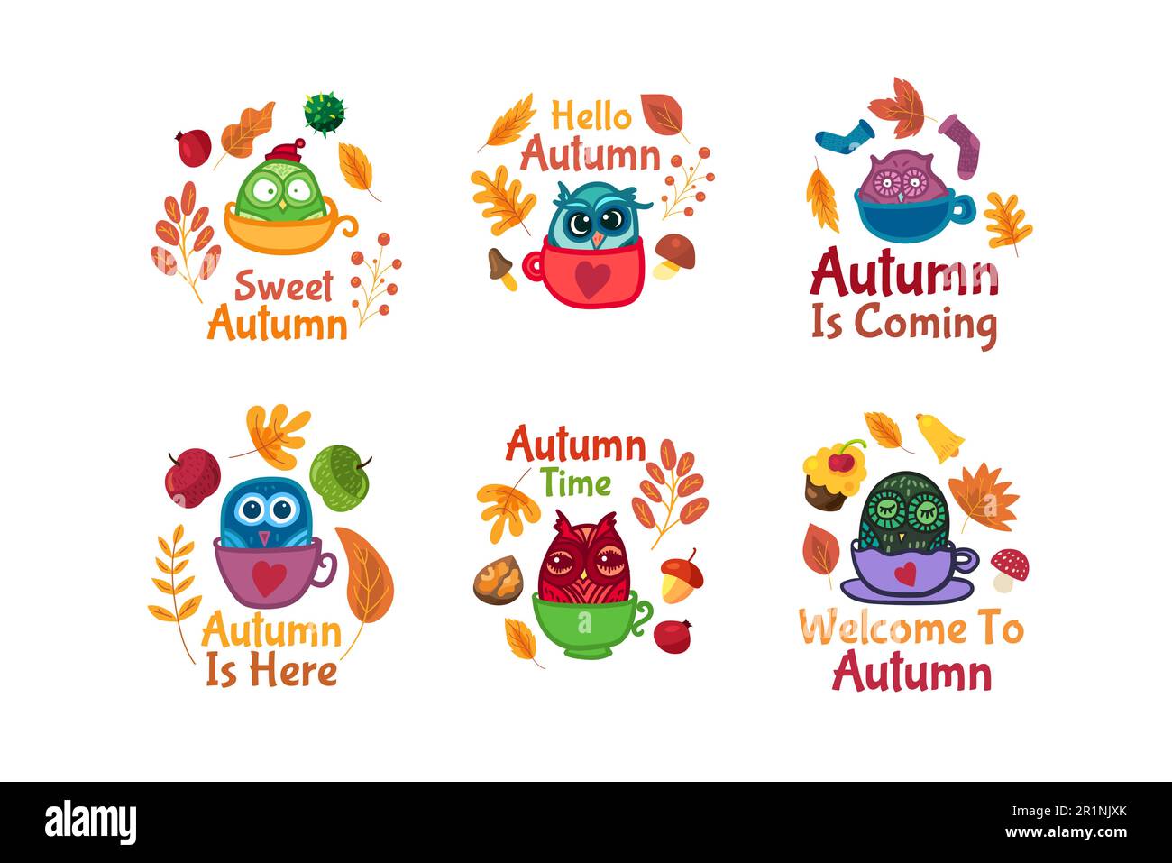 Hello autumn set of stickers with owls in cup. Cute labels for welcome ...