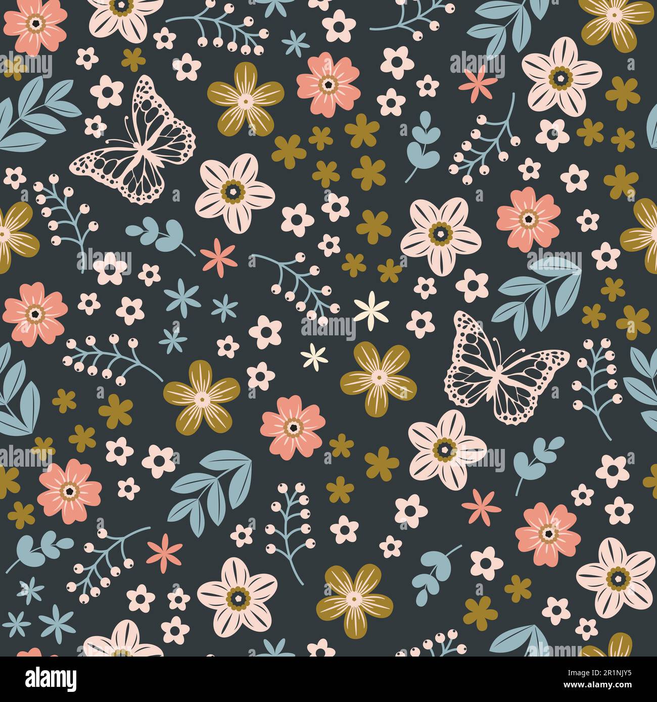 Cute drawing in a small flowers and butterfly. Small colorful flowers. Ditsy floral background ...