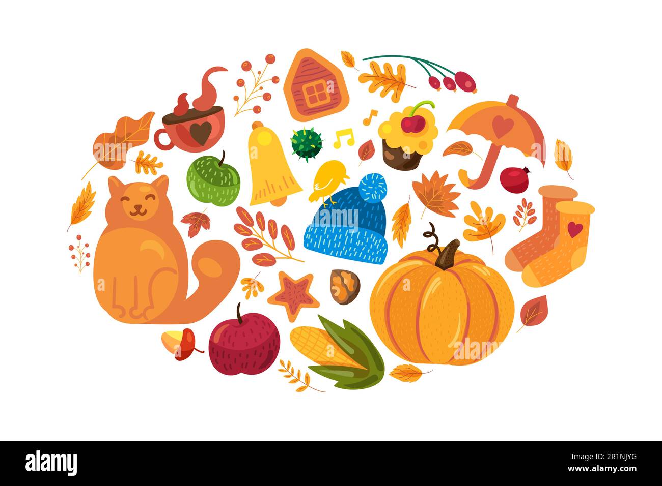 Cartoon autumn background with fall symbols on white. Hello autumn ...