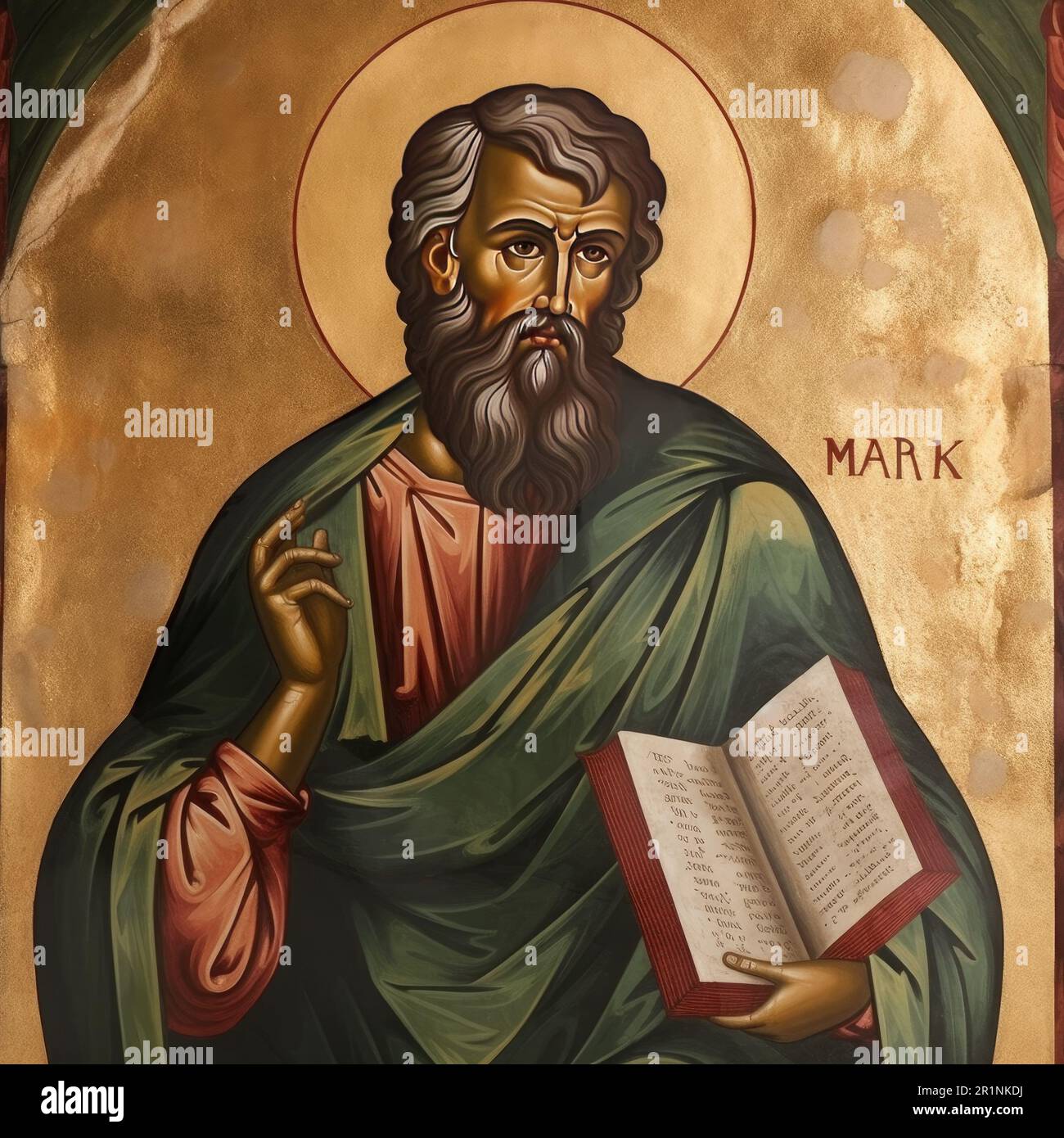 This image depicts St. Mark with a beard, long hair, and a robe ...