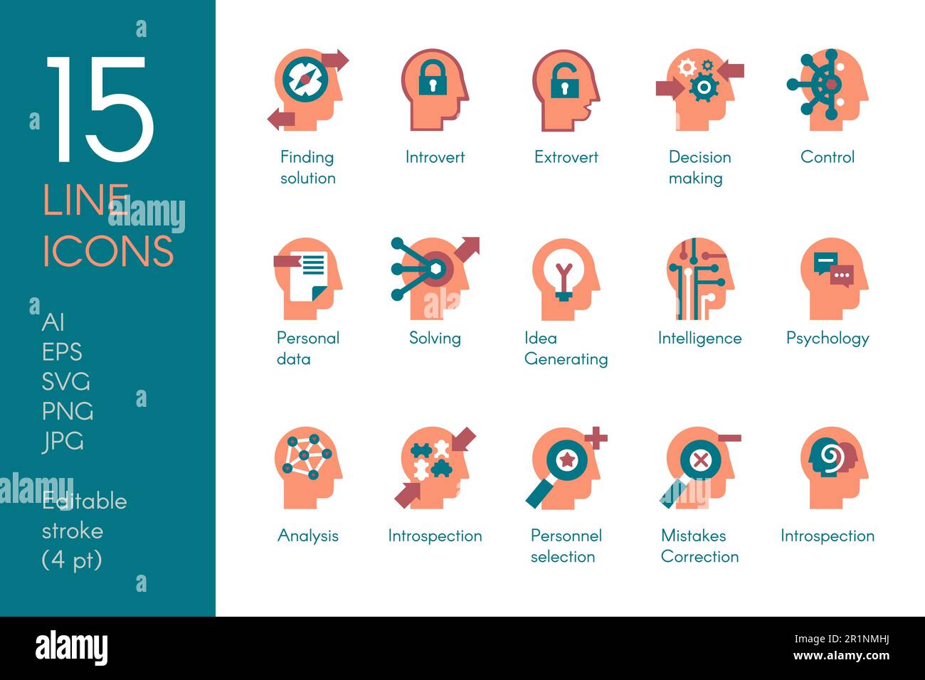 Human mind processes flat vector icons set. Brain science and ...