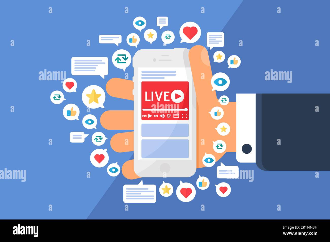 Mobile live stream and additional features concept icon. Man shows ...