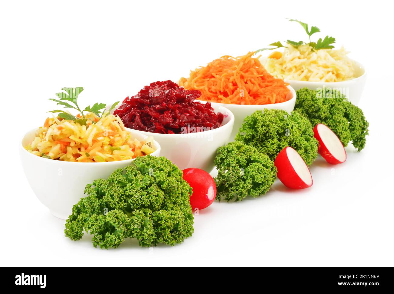 Composition with four vegetable salad bowls Stock Photo - Alamy
