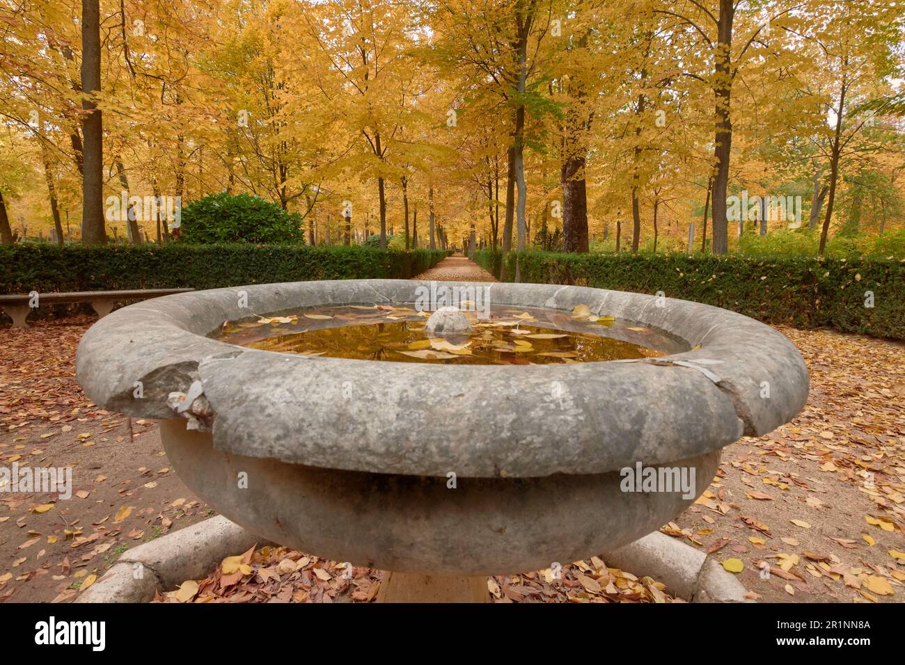 Stone fountain with brown leaves in the garden of the Parterre in ...