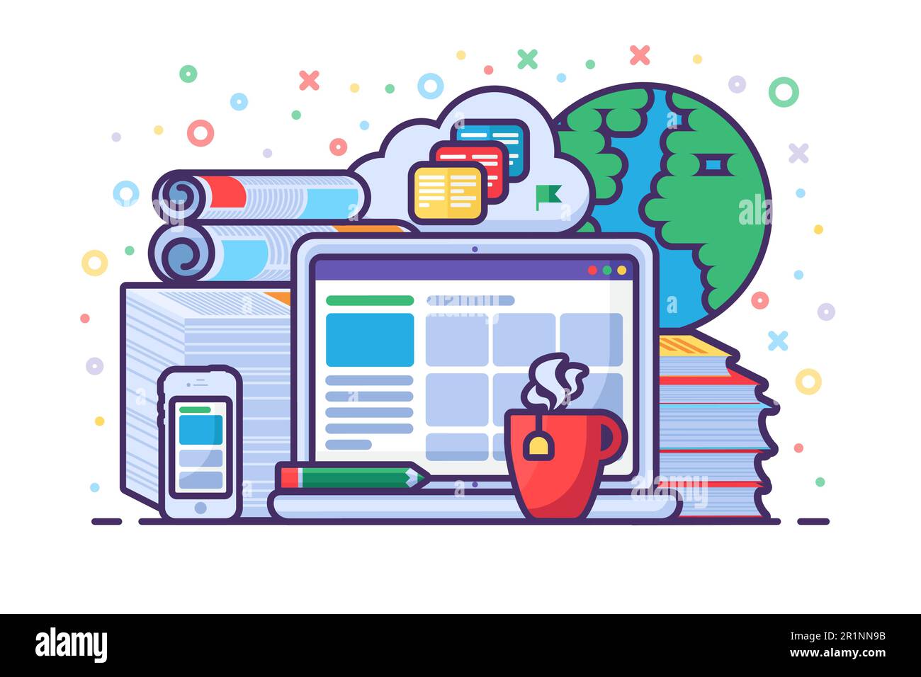 Online education concept with laptop, gadgets, books and cloud ...