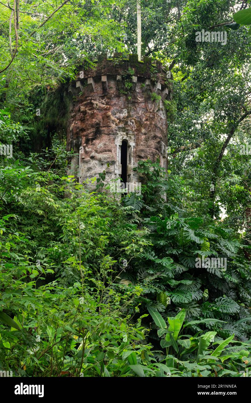 Small round and rustic castle tower on rainforest jungle landscape ...