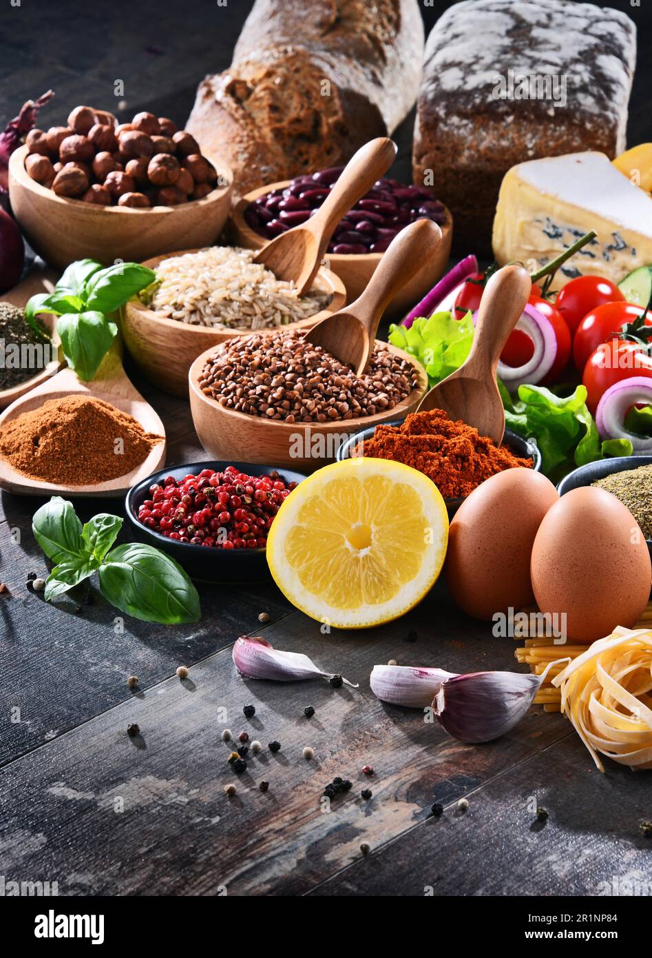 Composition with assorted organic food products on the table Stock ...