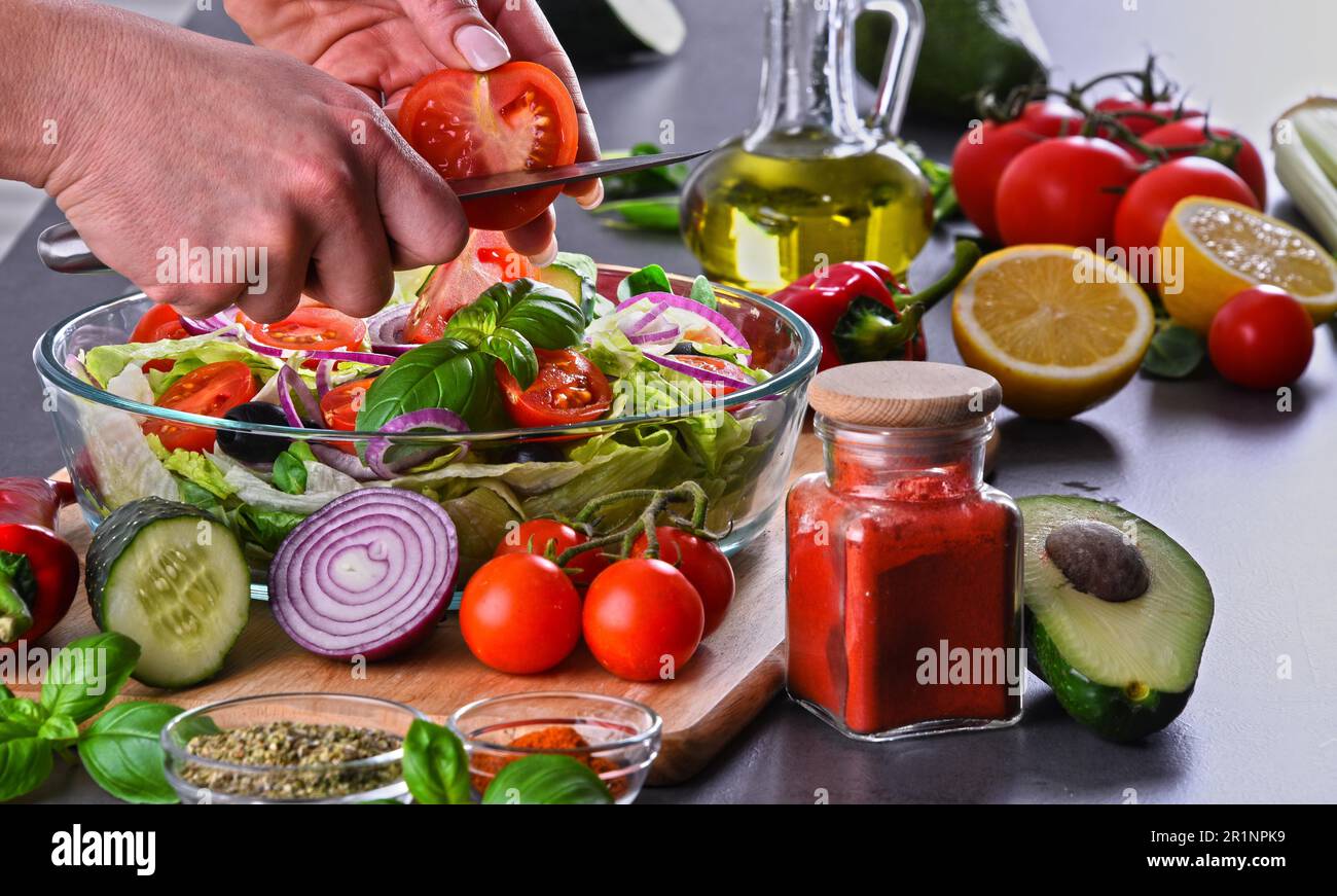 Preparation of a vegetable salad from fresh organic ingredients Stock ...