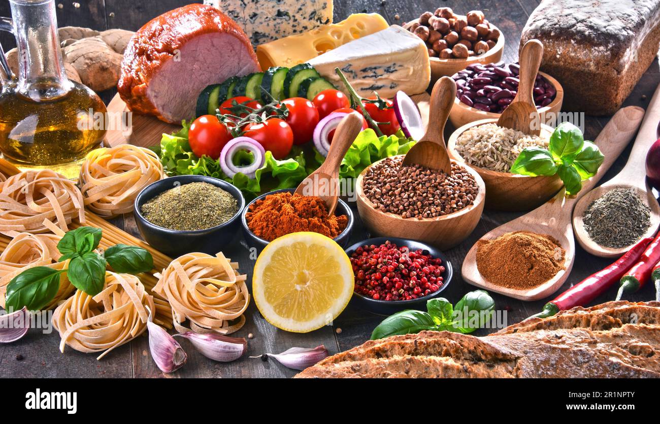 Composition with assorted organic food products on the table Stock ...