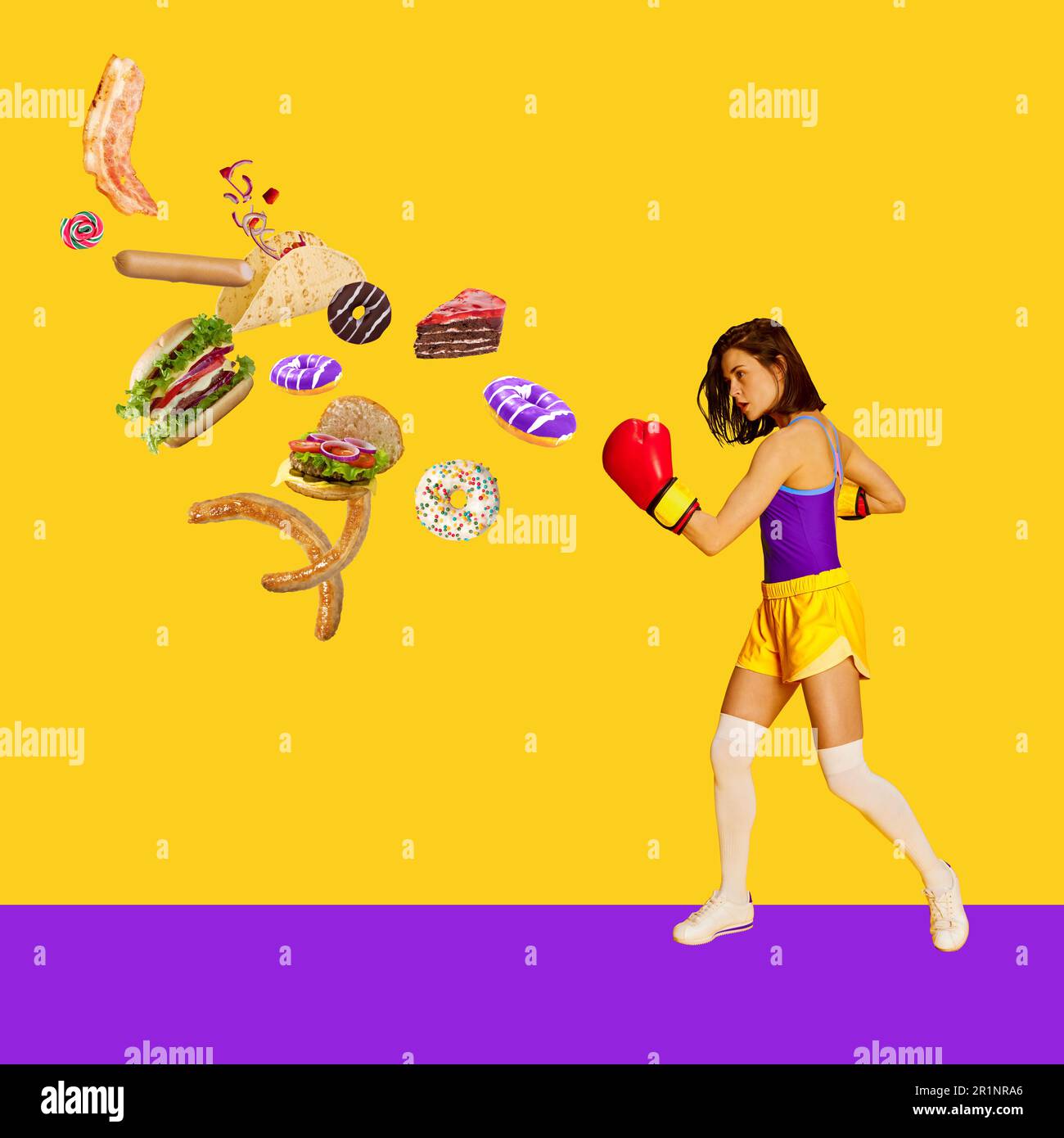 Healthy, slim, sportive woman fighting with junk, unhealthy food over ...
