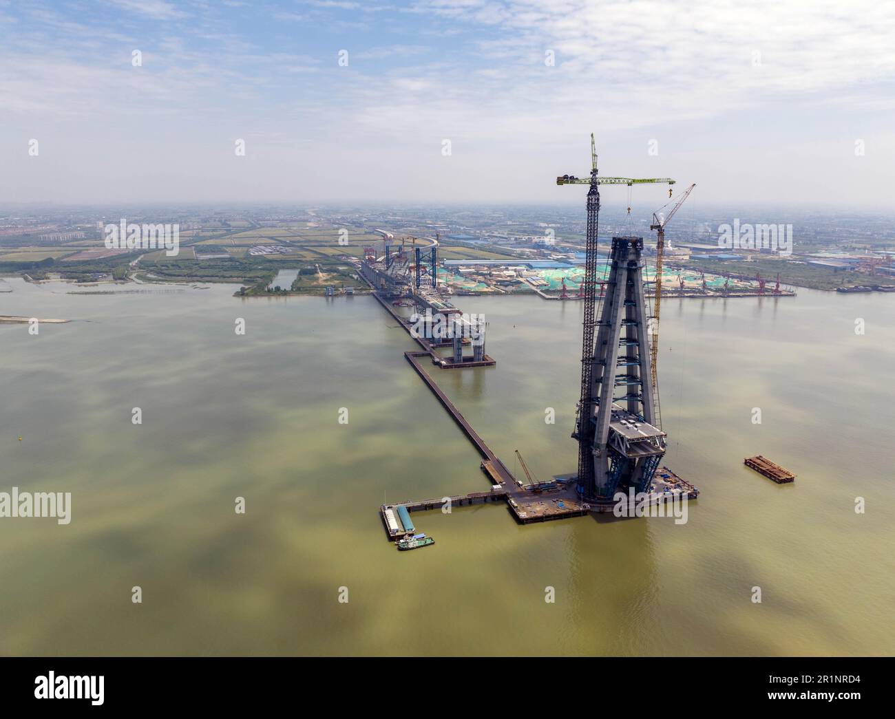 Aerial photo shows the construction site of Changtai Yangtze River ...