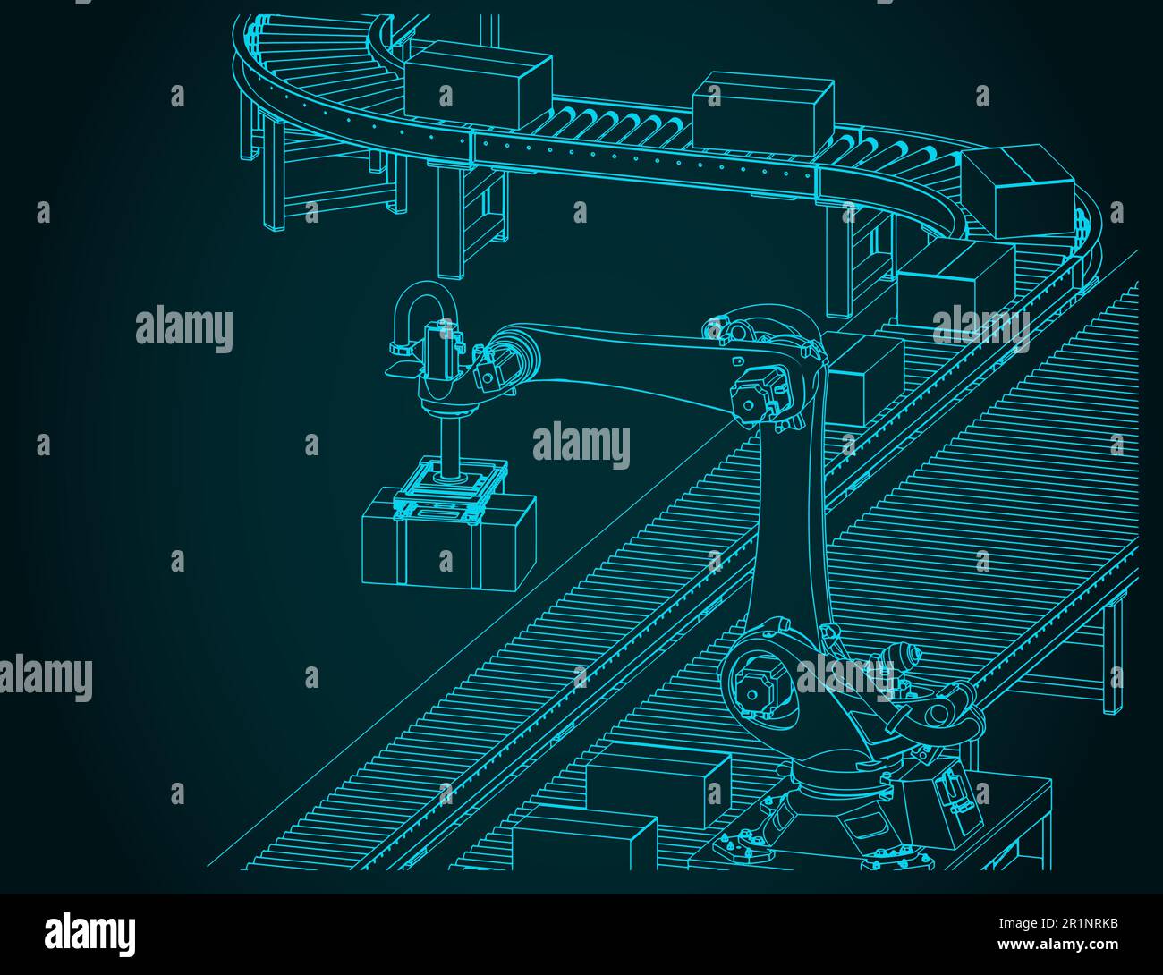Stylized vector illustration of robotic factory conveyor line Stock ...