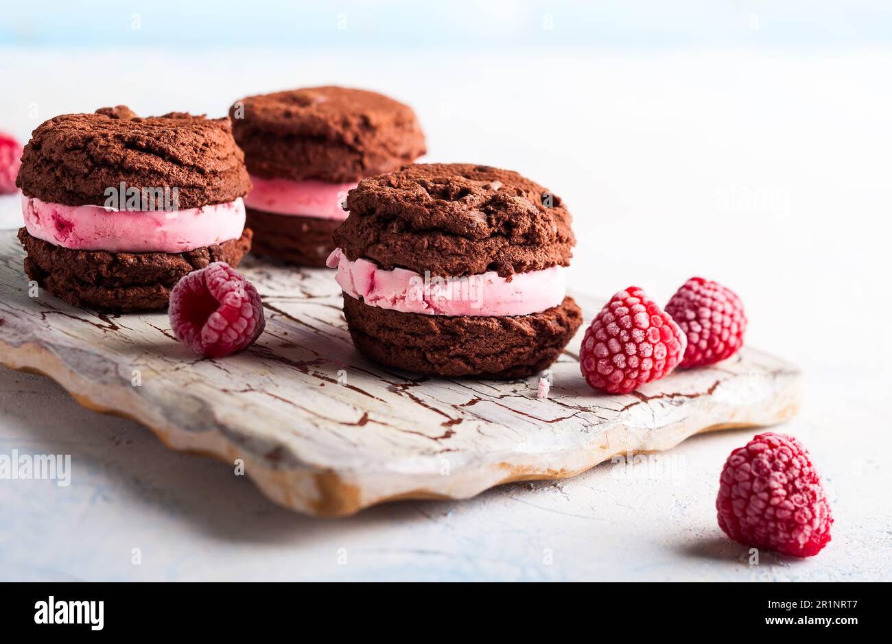 Homemade ice cream cookies sandwiches with raspberry and chocolate ...