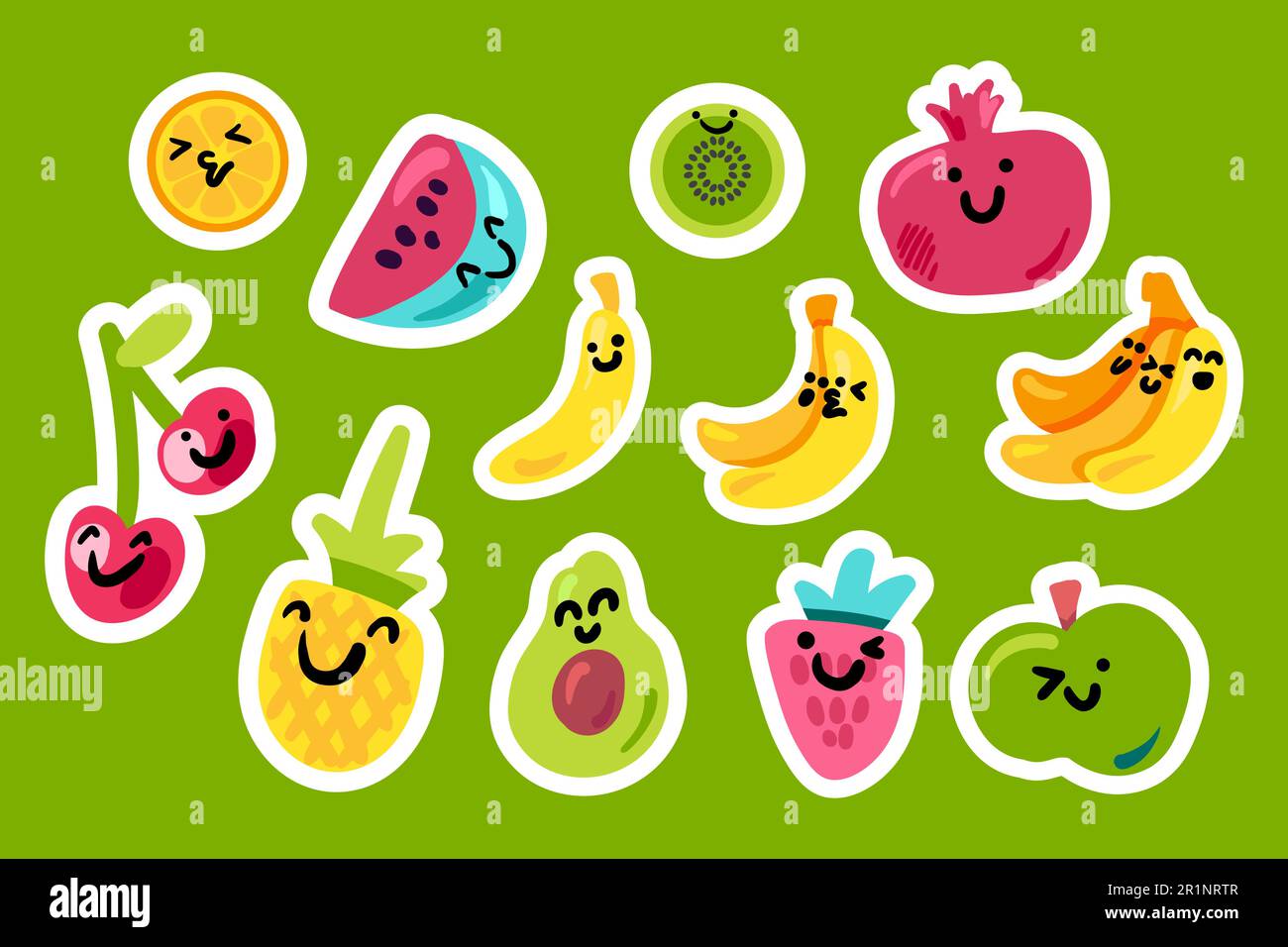 Tropical fruits cartoon kawaii pack. Smiling fruits vector illustration ...
