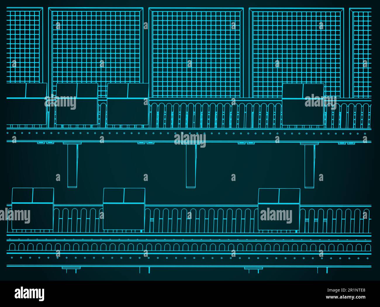 Stylized vector illustration of automated conveyor lines for warehouses ...