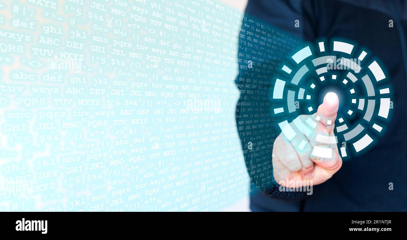 Close-up of an human finger touching virtual round circle on the air ...