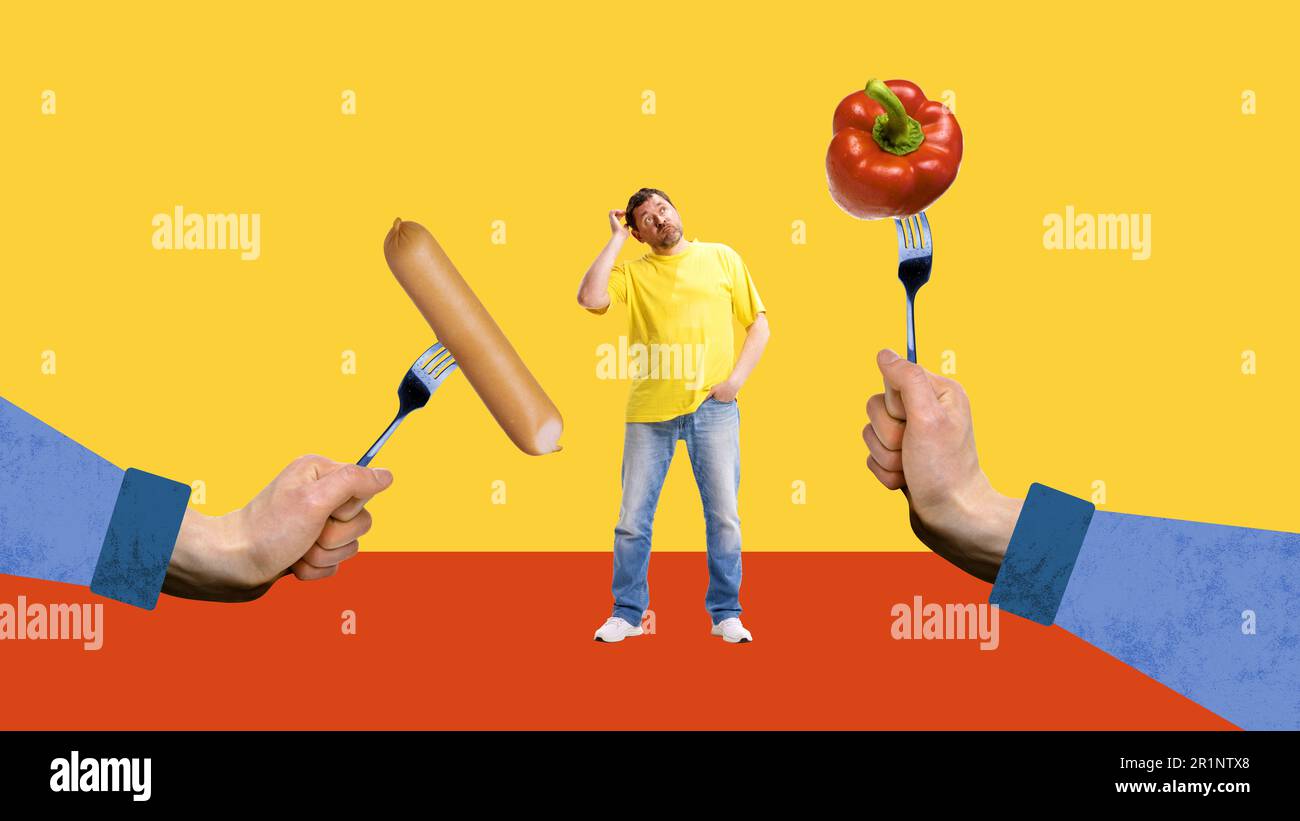 Make your choice. Man choosing food, sausage or red pepper over bright ...