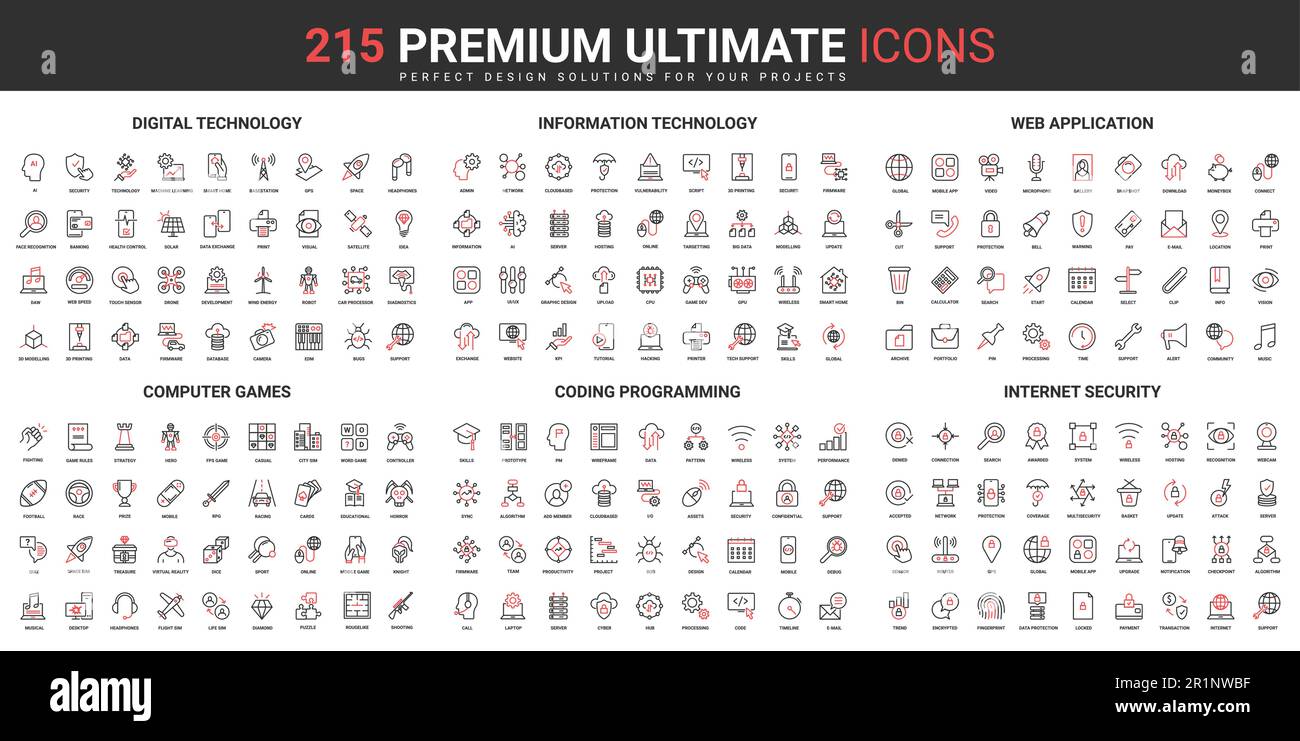 Information technology, internet thin line red black icons set vector illustration. Abstract ...