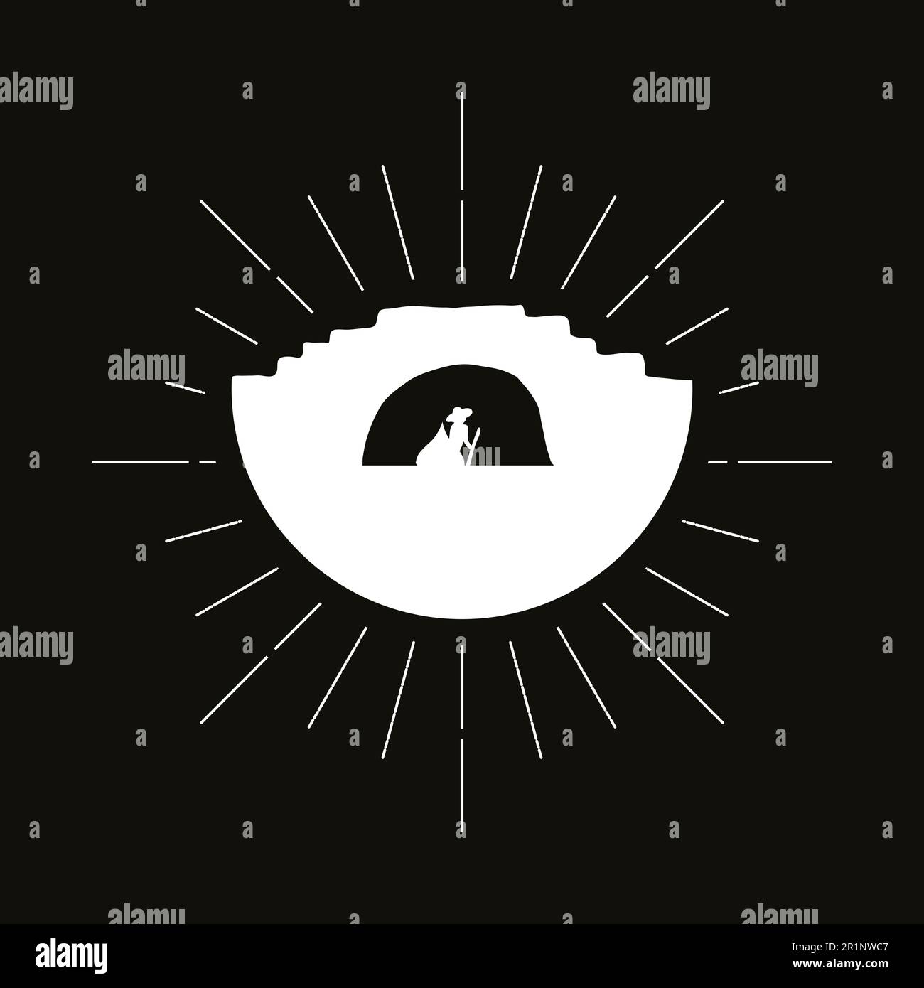 Retro floating on a boat a man under the bridge silhouette logo. Nature ...