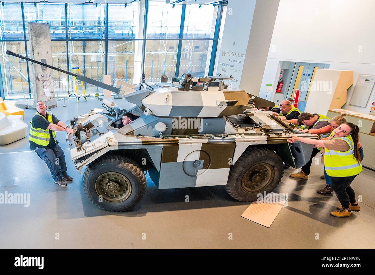 London, UK. 15th May, 2023. The Fox armoured car is manually manouvered ...