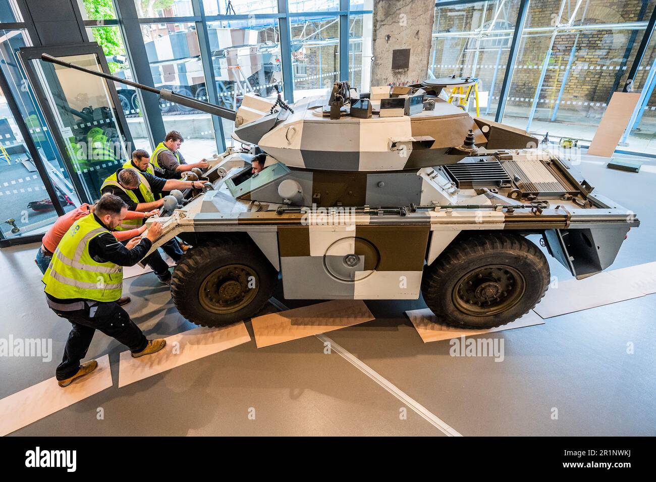 London, UK. 15th May, 2023. The Fox armoured car is manually manouvered ...