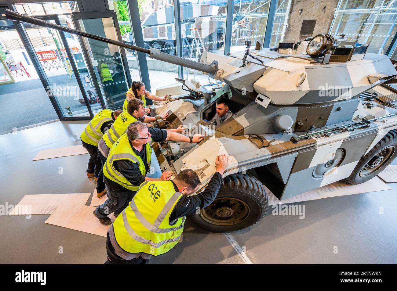 London, UK. 15th May, 2023. The Fox armoured car is manually manouvered ...