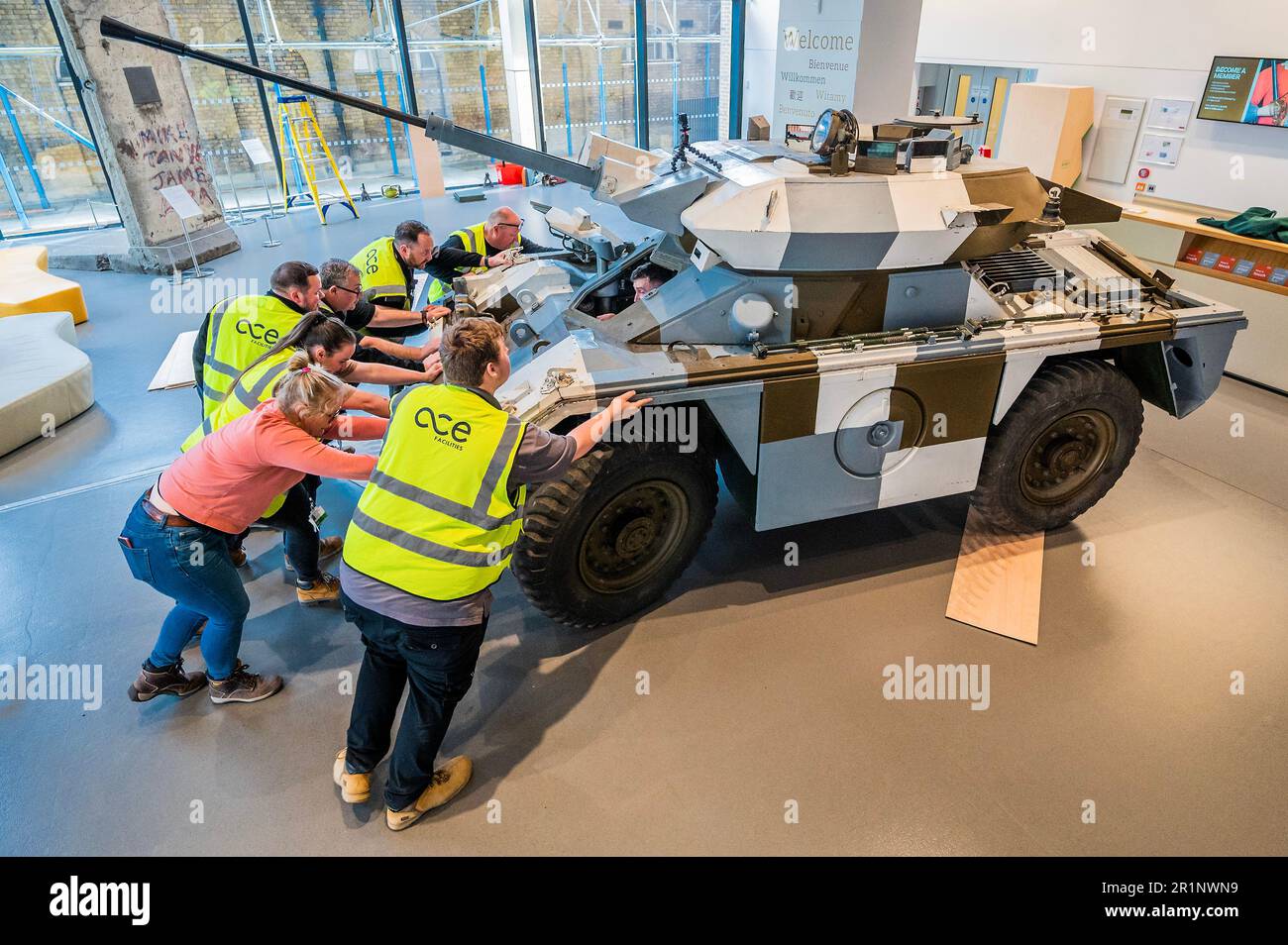 London, UK. 15th May, 2023. The Fox armoured car is manually manouvered ...