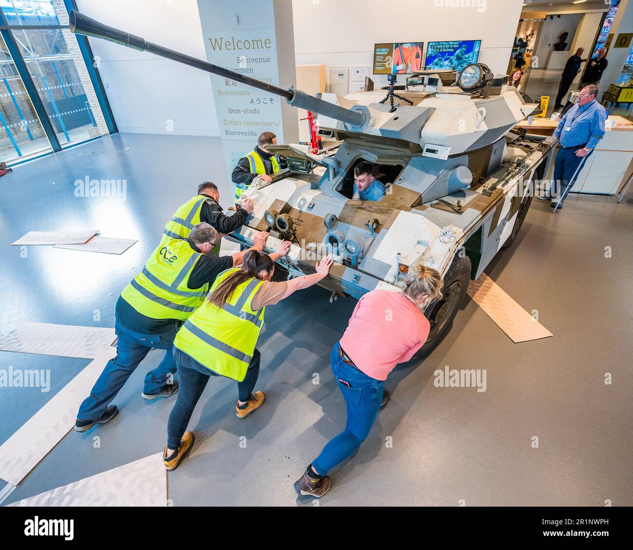 London, UK. 15th May, 2023. The Fox armoured car is manually manouvered ...