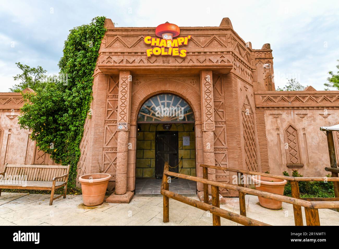 Exterior of the dark ride "Champi'folies' at Le Pal theme park in ...
